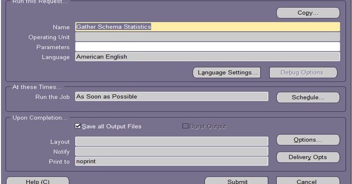 How to run Gather Schema Statistics in R12.2