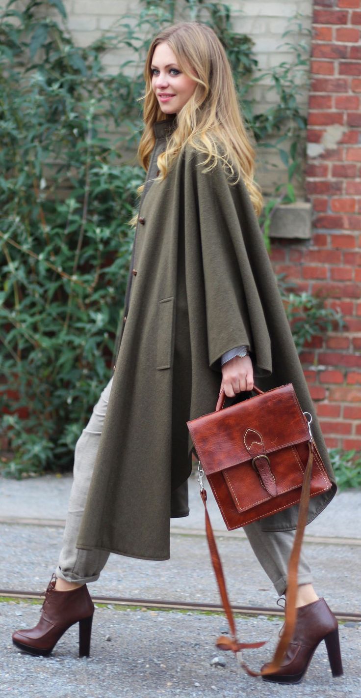 Street style olive cape coat and burgundy heels | Luvtolook | Virtual ...