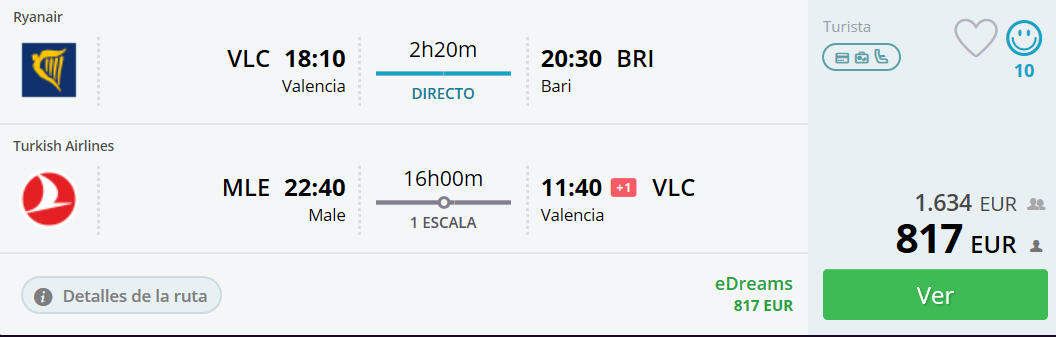 HACIA MALDIVAS: EJEMPLO DE VUELOS DE IDA Y VUELTA