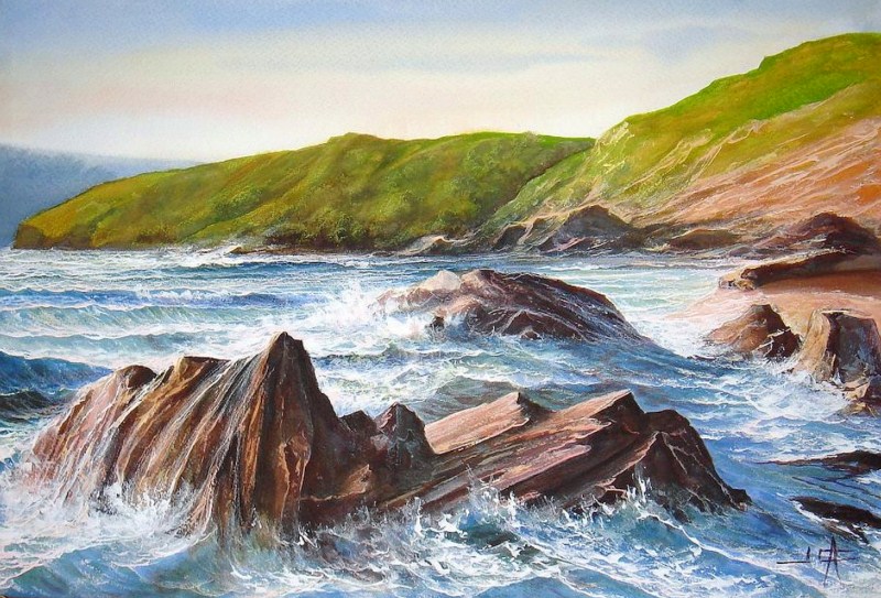 Imágenes Arte Pinturas: Pintura acuarela de paisaje marino con rocas