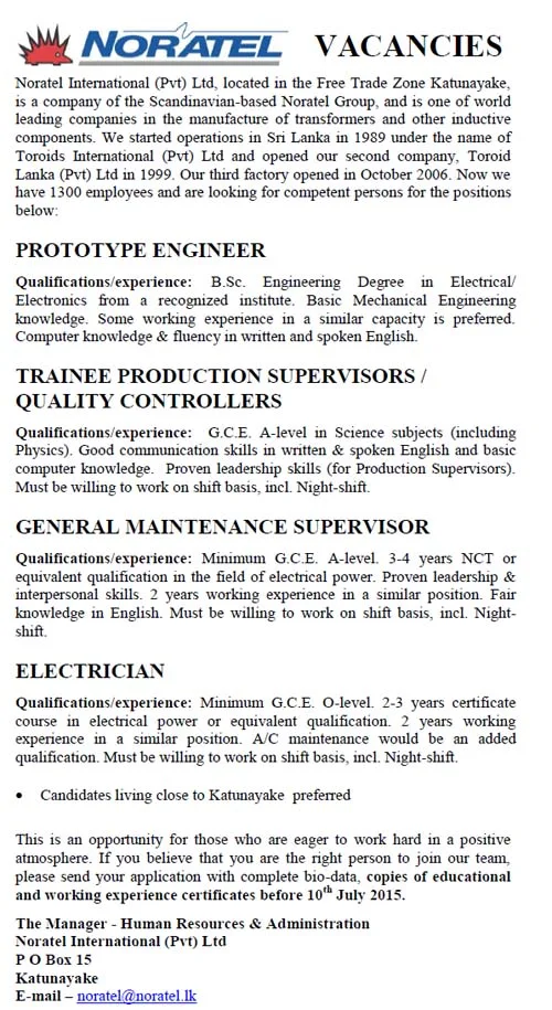 Vacancies for Prototype Engineer, Trainee Production Supervisors ...