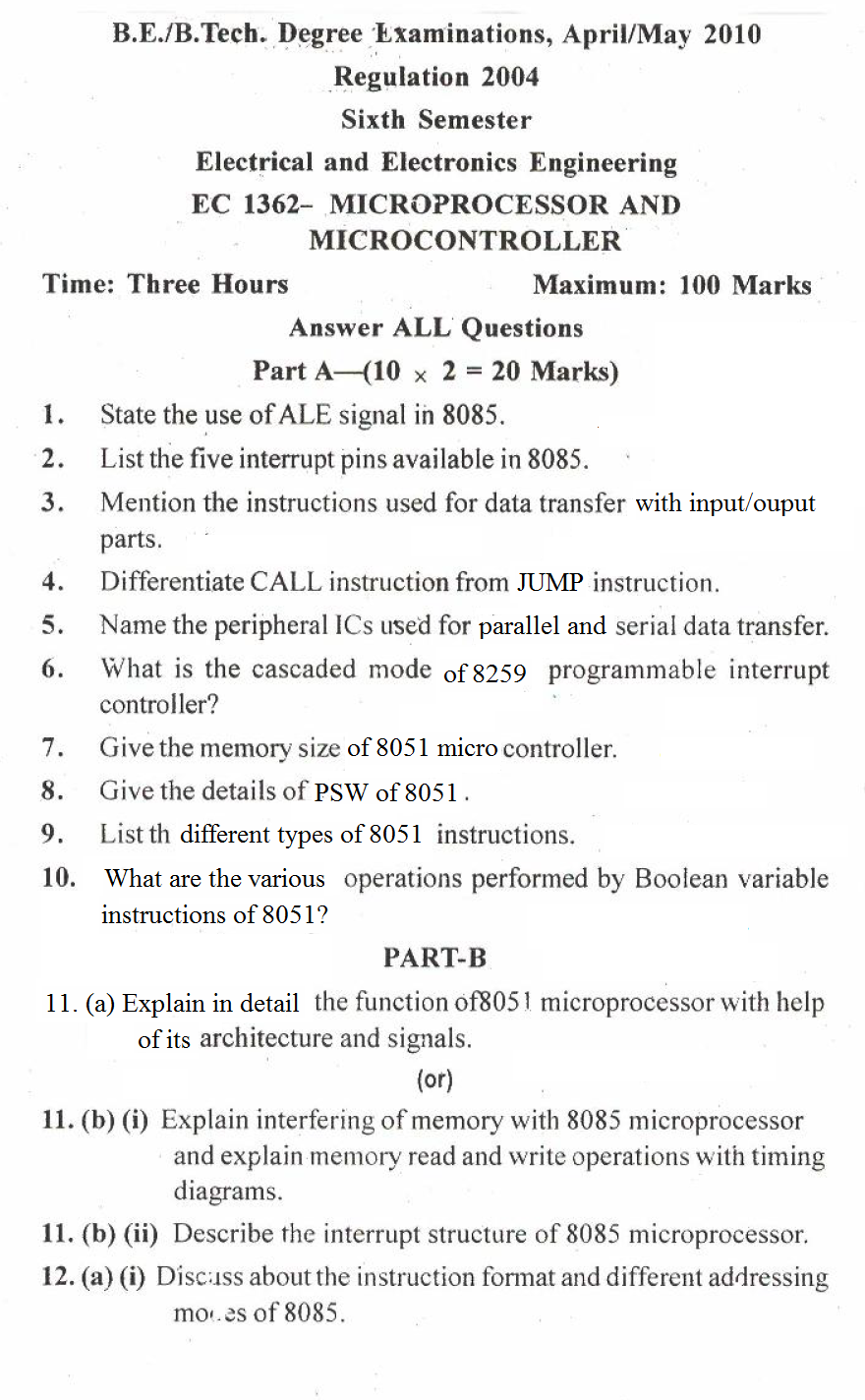 EE1362 Microprocessors and Microcontrollers April May 2010 Question ...