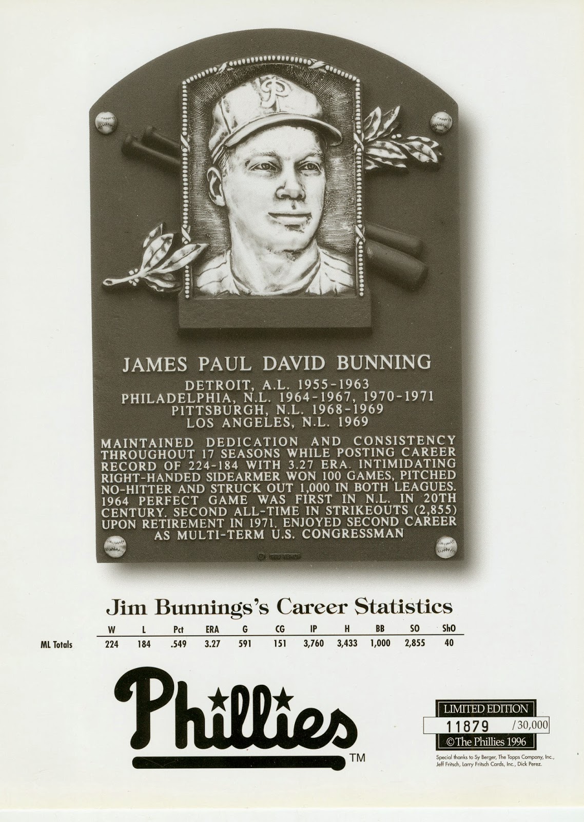 1960s Baseball: Jim Bunning Hall of Fame Poster