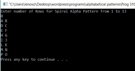 All C Programs: Program 310: Spiral Alphabet Pattern in C