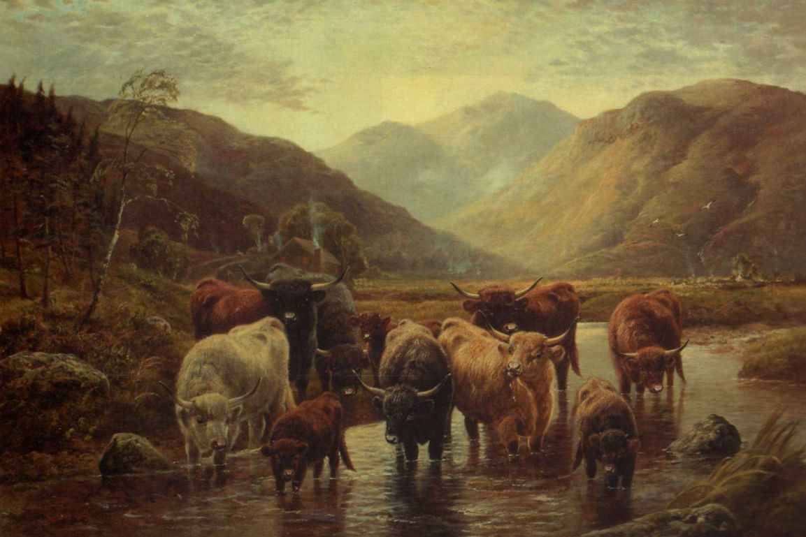 British Art: Robert Watson - Highland Cattle watering at Sunset