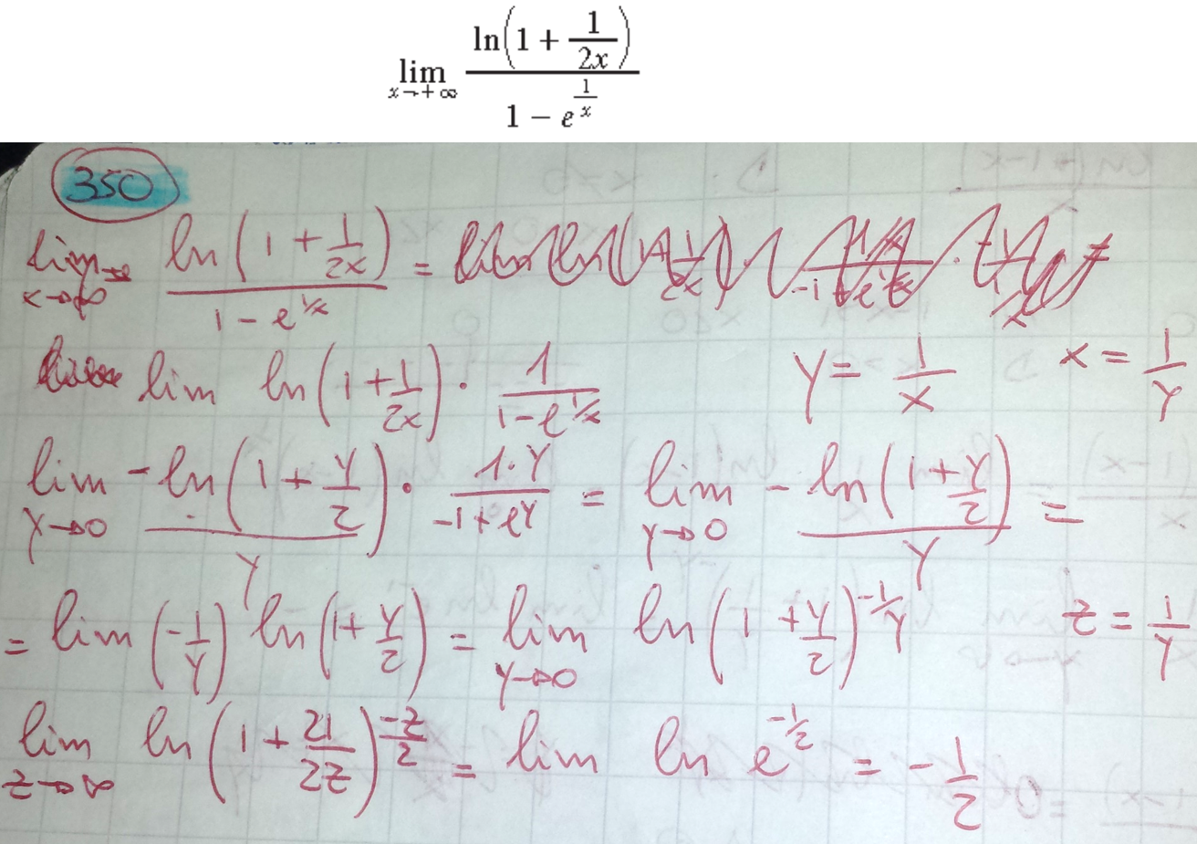 Limite di x che tende a infinito di ln(1+1/2x)/(1-e^(1/x))