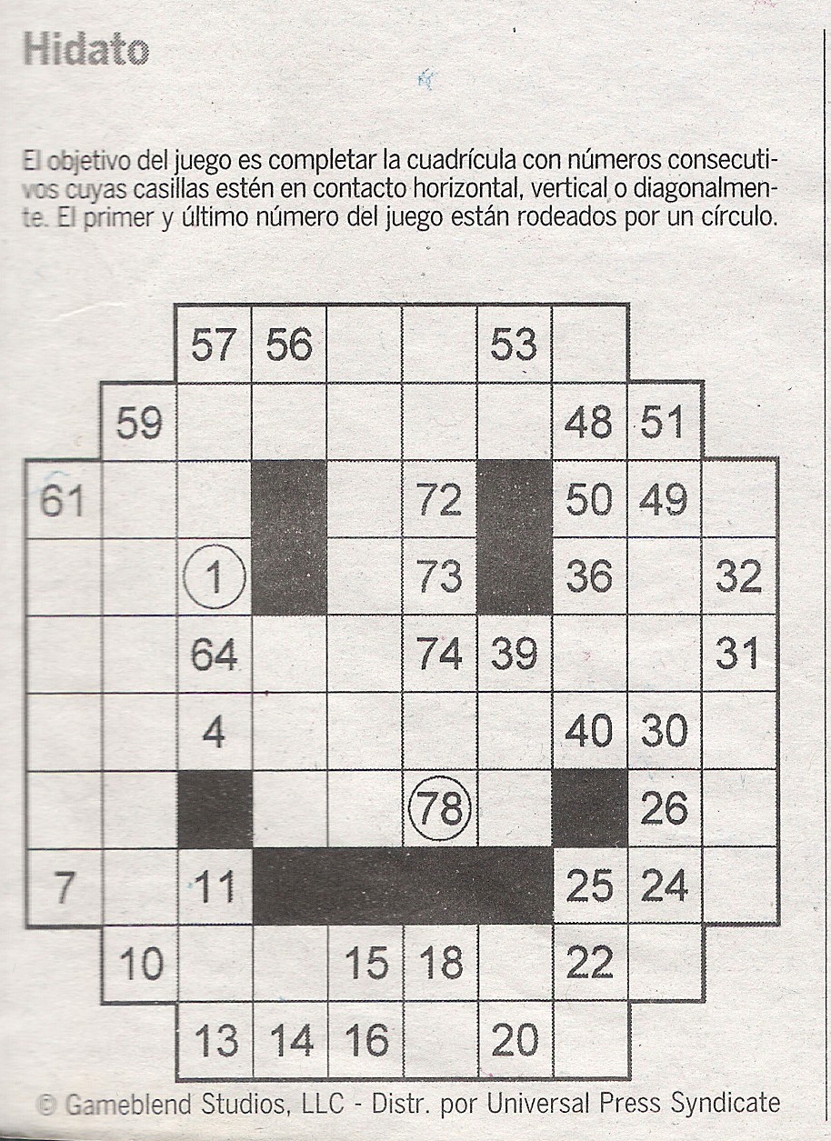 Pasatiempos Matemáticos de la Prensa: PMP. Hidato.