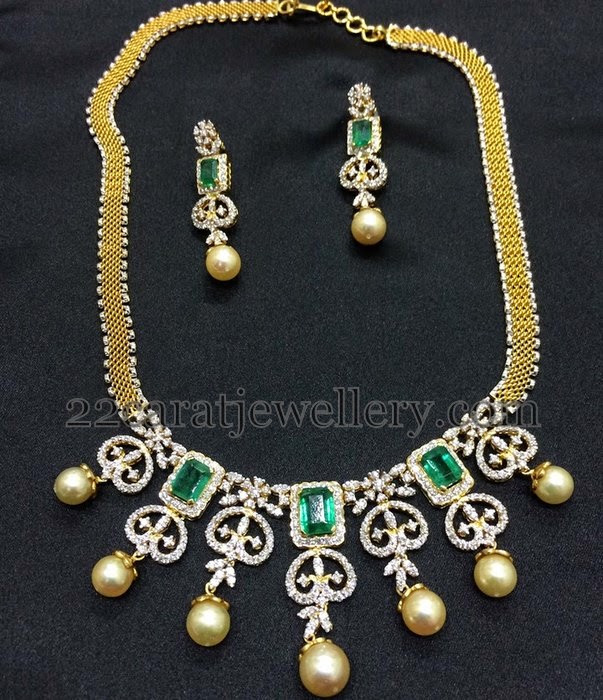 Broad Gold Chain Attached Diamond Set - Jewellery Designs