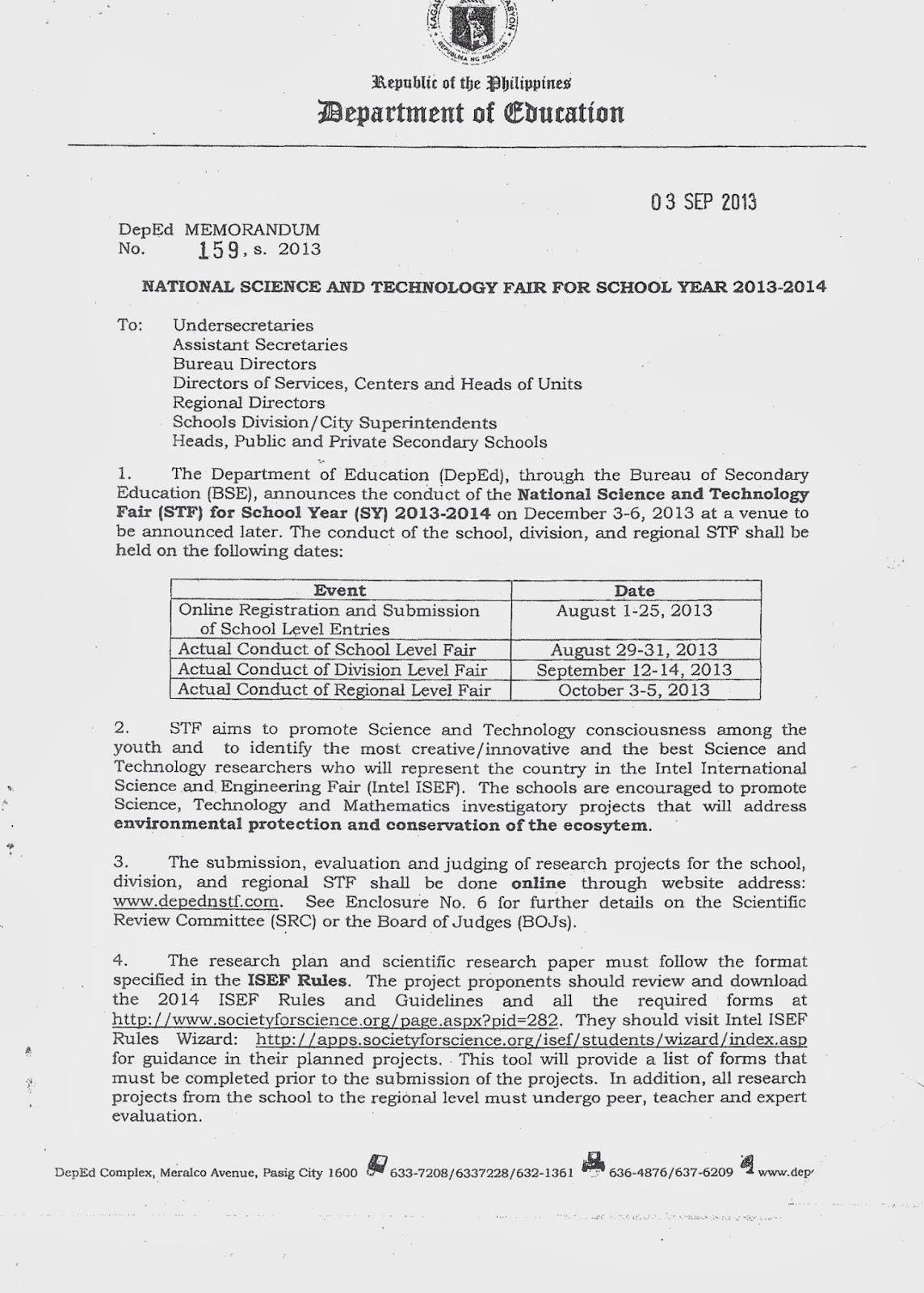 Department of Education Manila: DepEd MEmorandum No. 159 NATIONAL ...