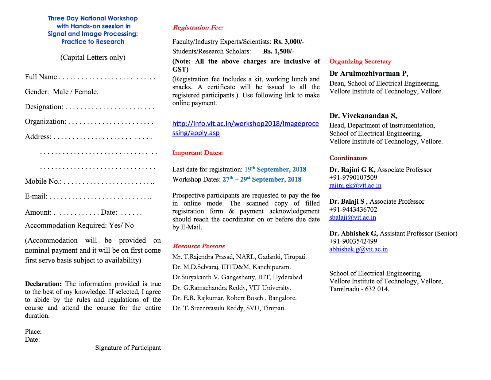 3 days workshop on Signal & Image Processing at VIT University