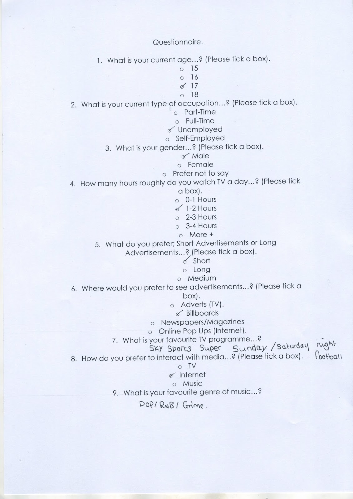 Sam Harper : Copies of Completed Questionnaires.