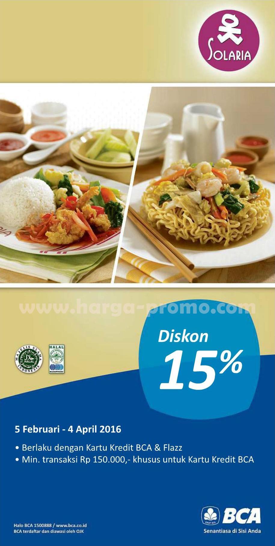 Promo Restoran SOLARIA Terbaru Diskon 15% dengan BCA Periode 05 Februari - 04 April 2016
