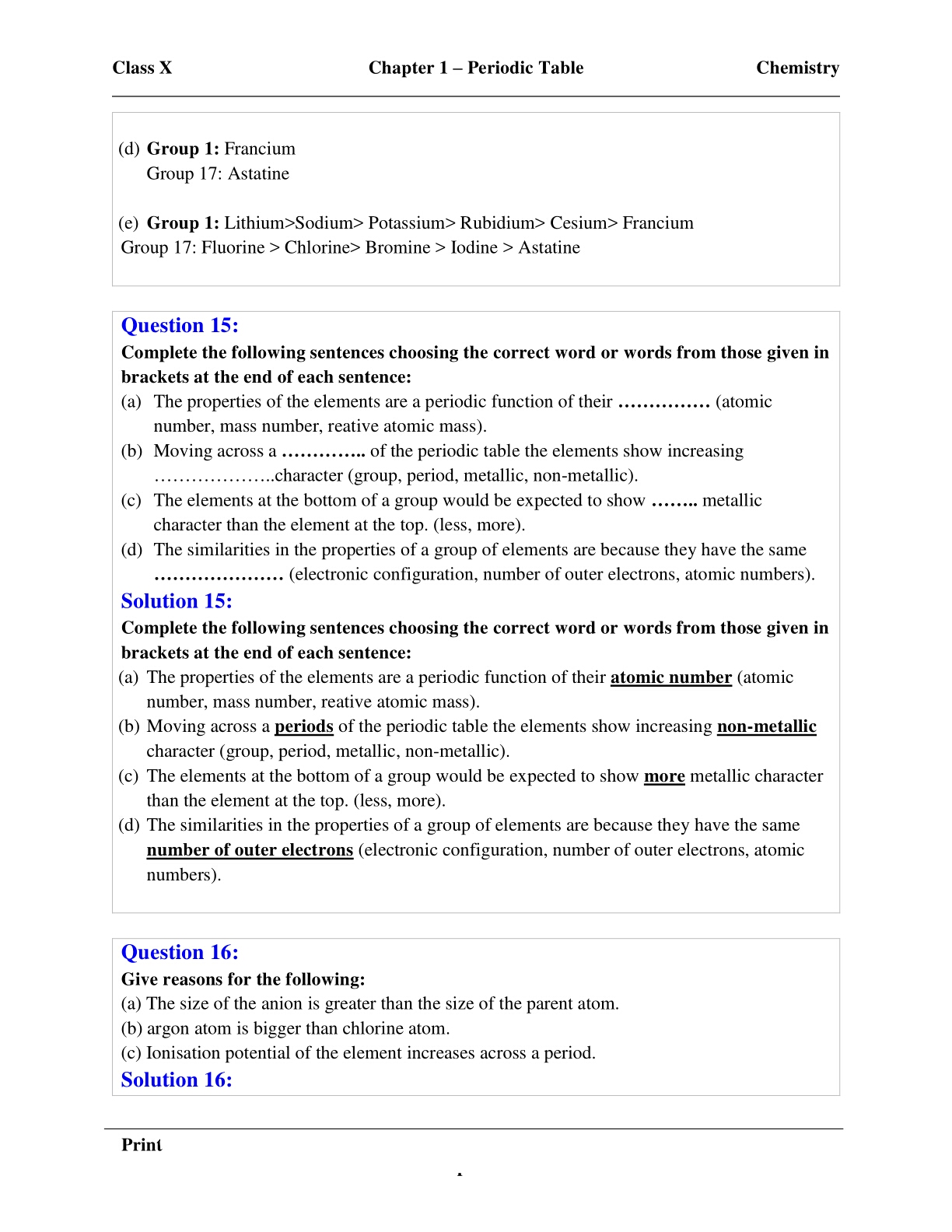 Concise chemistry class 10 ICSE Chapter 1 periodic table solutions ...