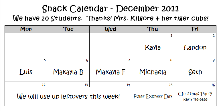 Kilgore's Kindergarten Communicator: December Snack Calendar