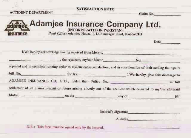 NEW JUBILEE GENRAL INSURANCE CLAIM FORM & SATISFACTION NOTE