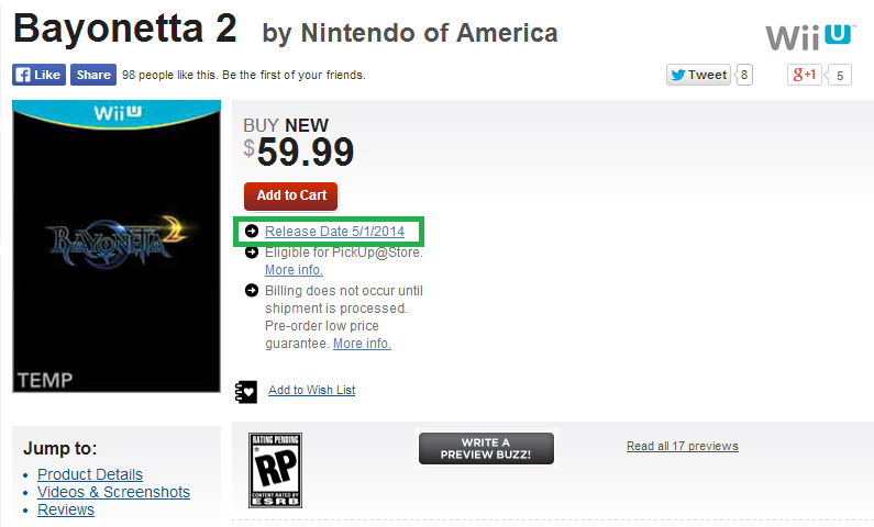 Rumor: GameStop lista o lançamento de Bayonetta 2 (Wii U) para o dia 01 ... Rumor: GameStop lista o lançamento de Bayonetta 2 (Wii U) para o dia 01 ...
