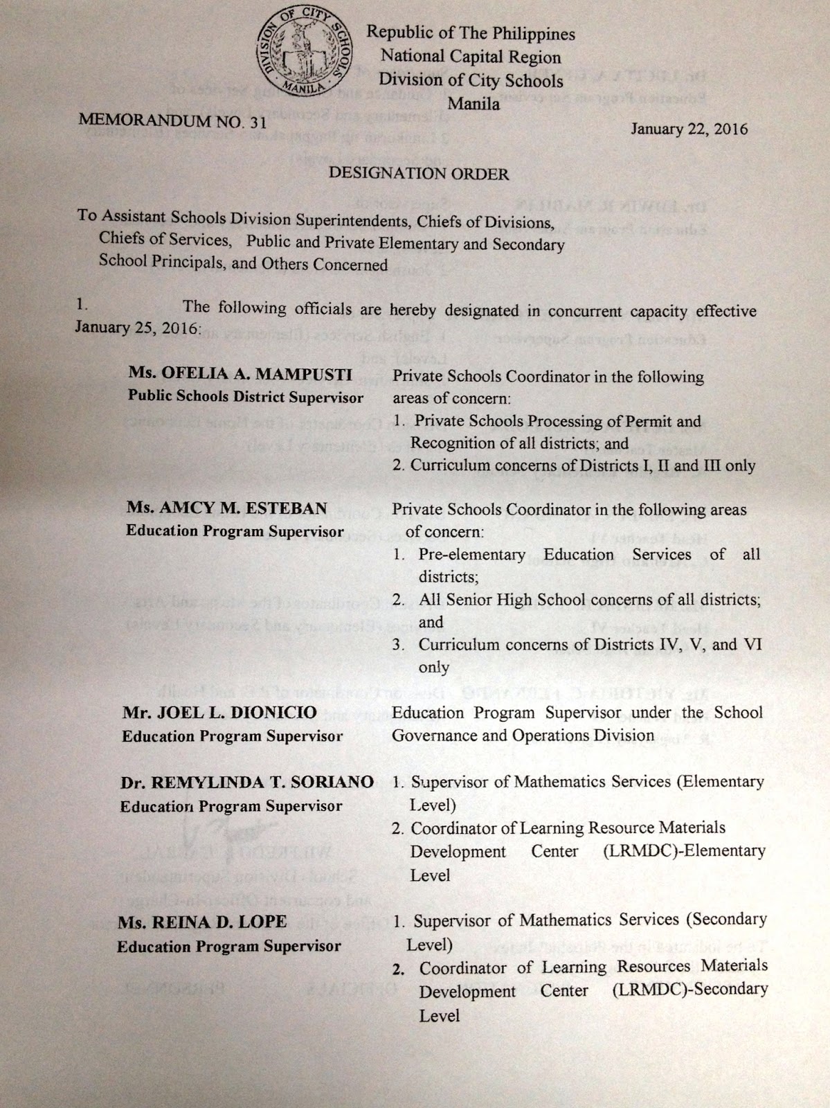 Department of Education Manila: DM 31, 2016 Designation Order