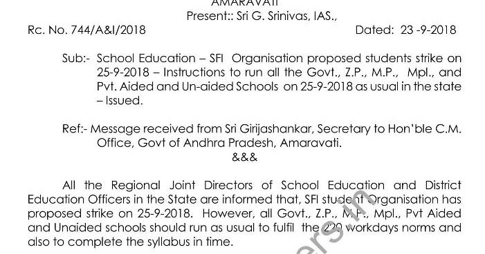 SFI Strike on 25th Sep - Not to Close Schools- Run All Schools As usual ...