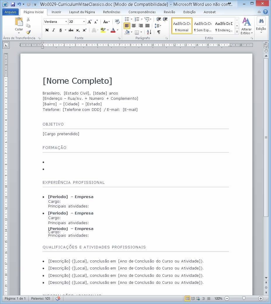 Baixe Modelos: [Word] Curriculum Vitae Clássico