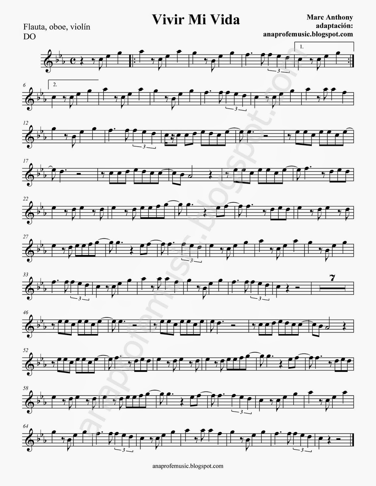 AnaProfeMusic: Partitura Vivir Mi Vida, de Marc Anthony