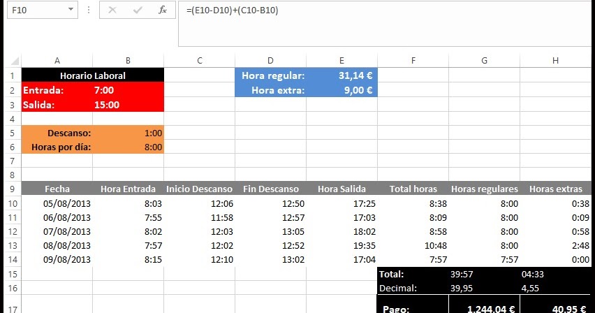 Calcular horas extras con Excel