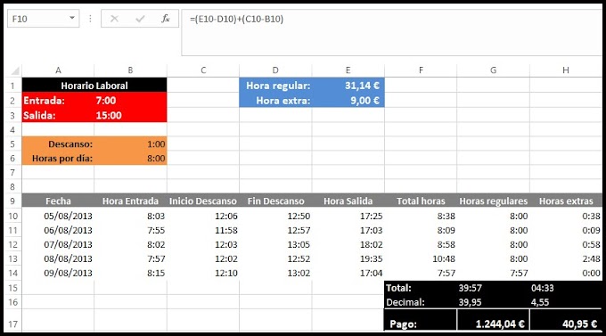 Calcular horas extras con Excel