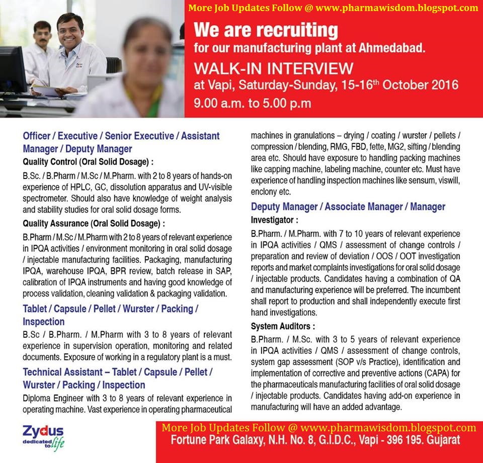 ZYDUS - Walk-In Interview for Multiple Departments on 15th & 16th ...