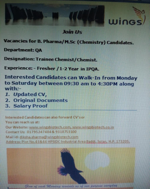 Wings Biotech - Fresher/Experience - B.Pharm/M.Sc - Quality Assurance ...