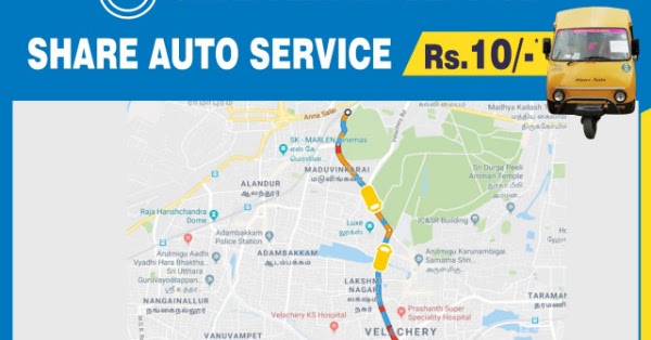 Chennai Metro - Guindy Metro to Velachery MRTS Share Auto Route, Timing ...