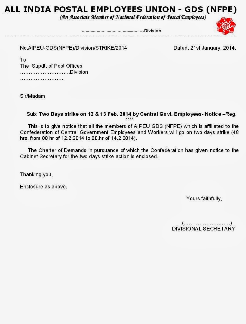 ALL INDIA POSTAL EMPLOYEES UNION - GDS (NFPE): STRIKE NOTICE TO BE ...