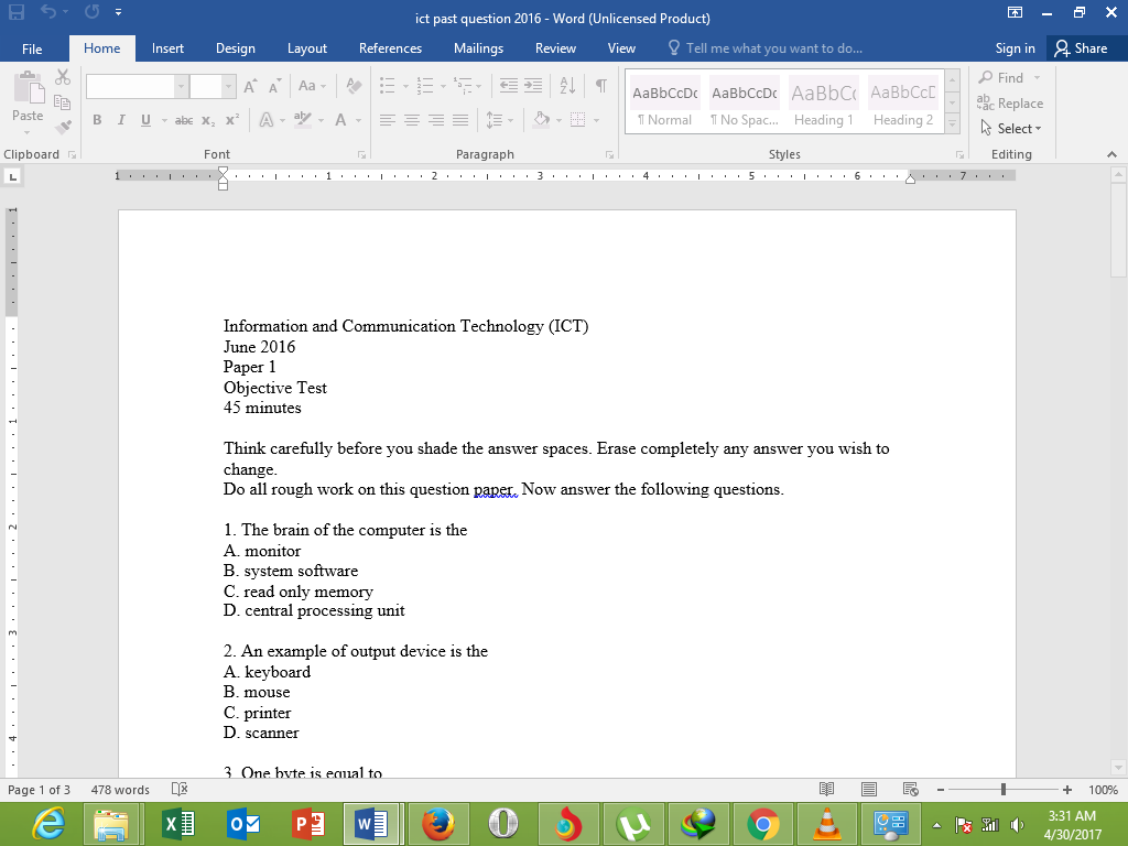 Siba Computers, Phones And Satellites: BECE ICT PAST QUESTION 2016