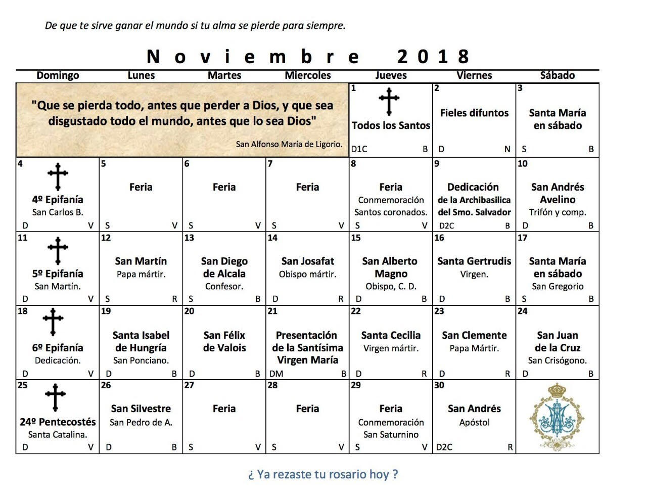 Como ovejas sin Pastor: CALENDARIO CATÓLICO 2018