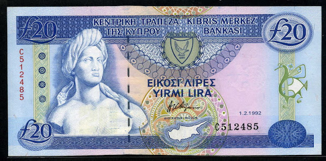 Cyprus currency 20 Cypriot Pounds banknote of 1992 Aphrodite|World ...