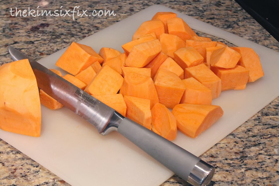 Peel and chop the sweet potatoes into 2 inch pieces