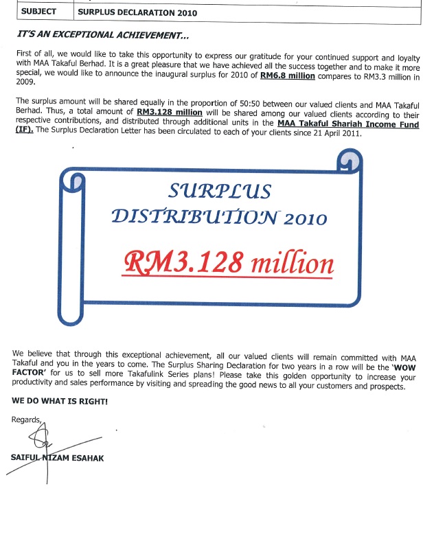 MAA Takaful declare surplus sharing untuk produk MTL Series ~ Bijak Wang