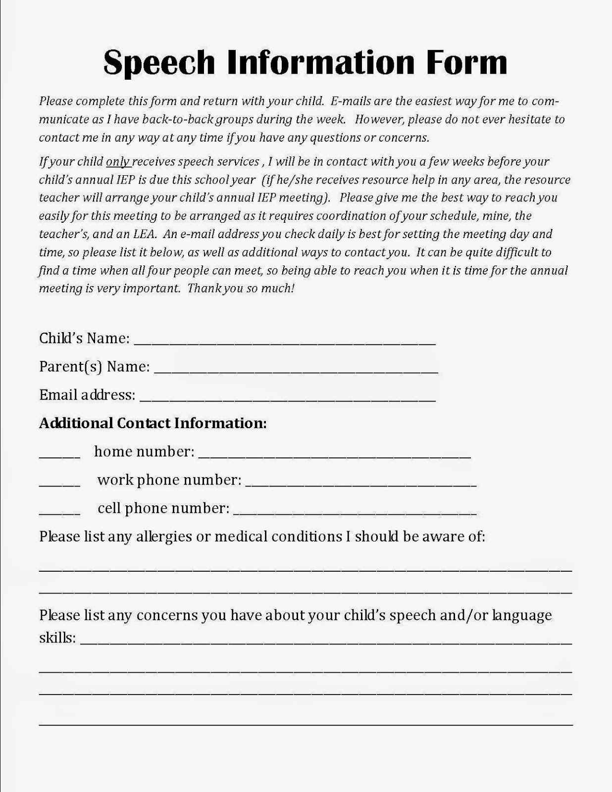 Cheerful Speech Chatter: Beginning of the Year Parent Contact