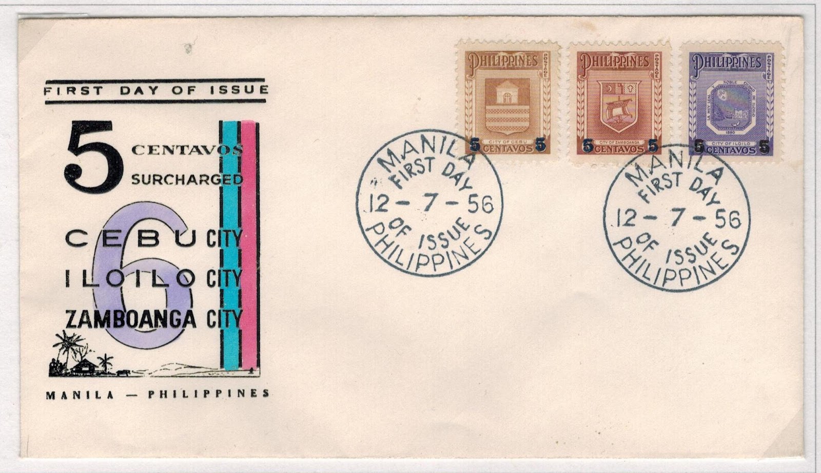 Philippine Republic Stamps : 1956 Surcharges Cities Coat of Arms