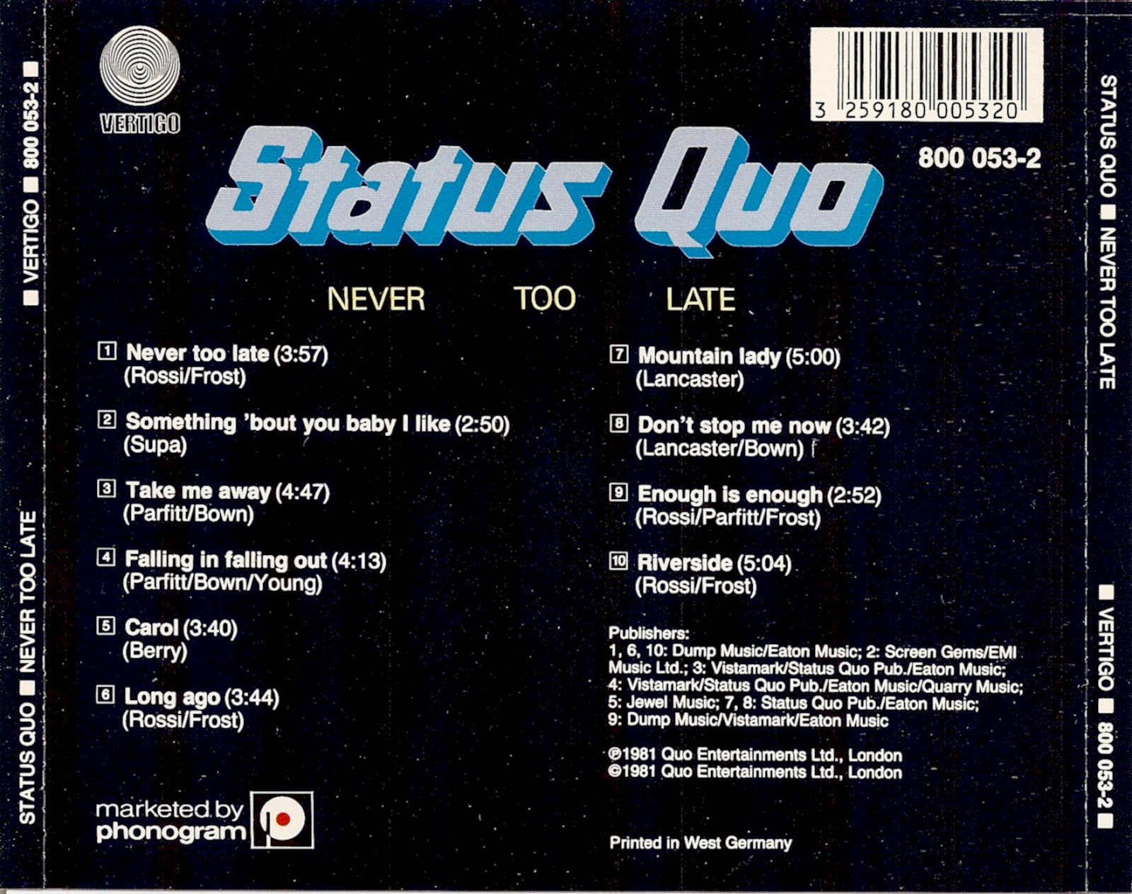 The First Pressing CD Collection: Status Quo - Never Too Late