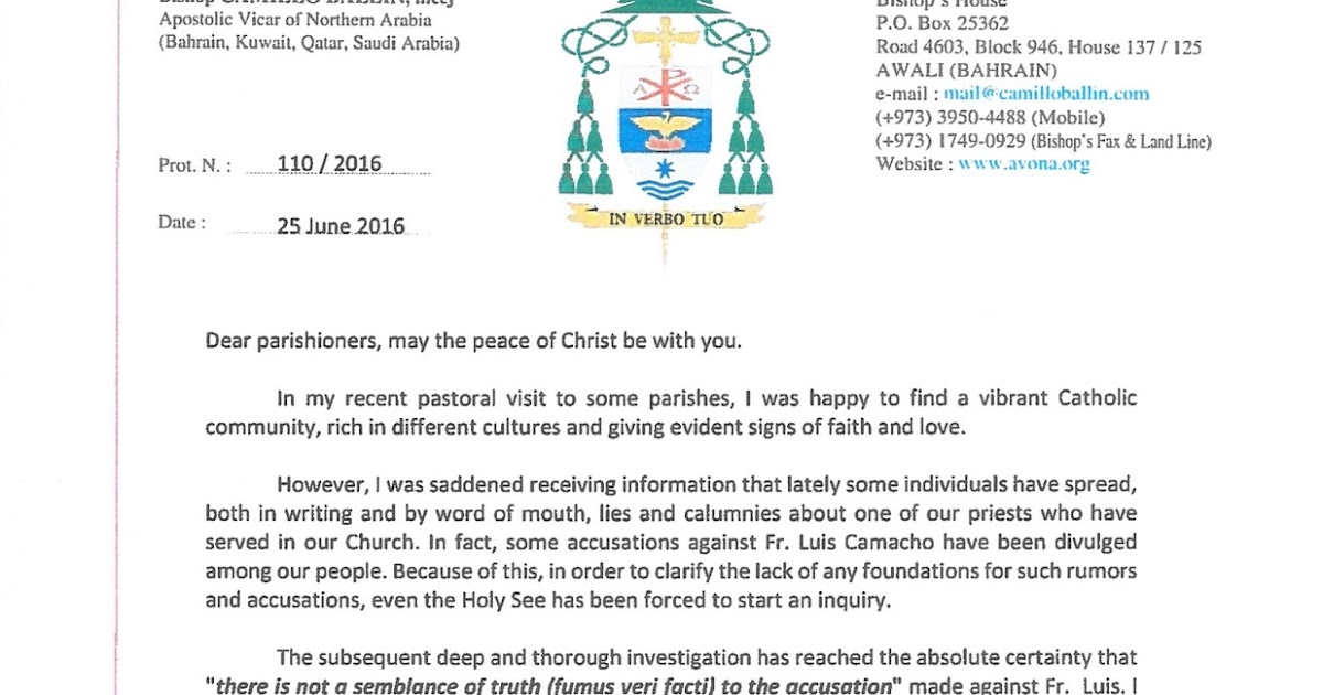 Neocatechumenal Way - An Insider's View: Letter From Bishop Ballin