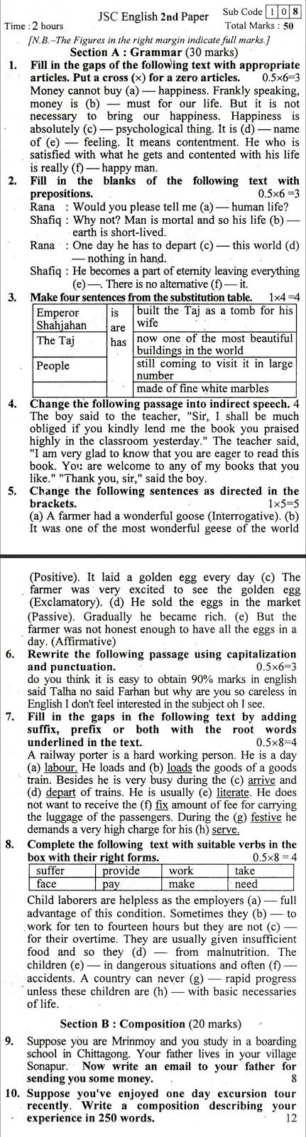 JSC English 2nd Paper Model Question - 01