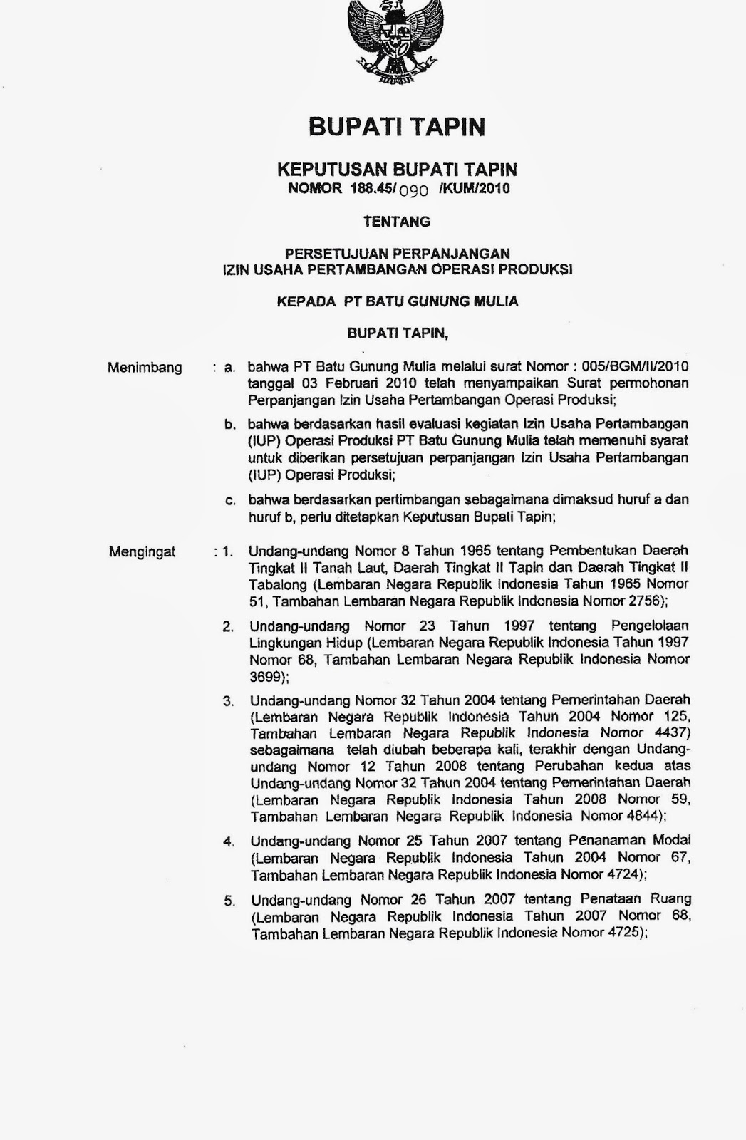 PERTAMBANGAN BATUBARA: IUP.OP. PT. BATU GUNUNG MULIA