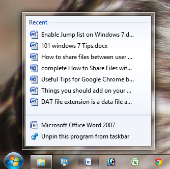 Jump list on Windows 7 Enable and disable recently used items