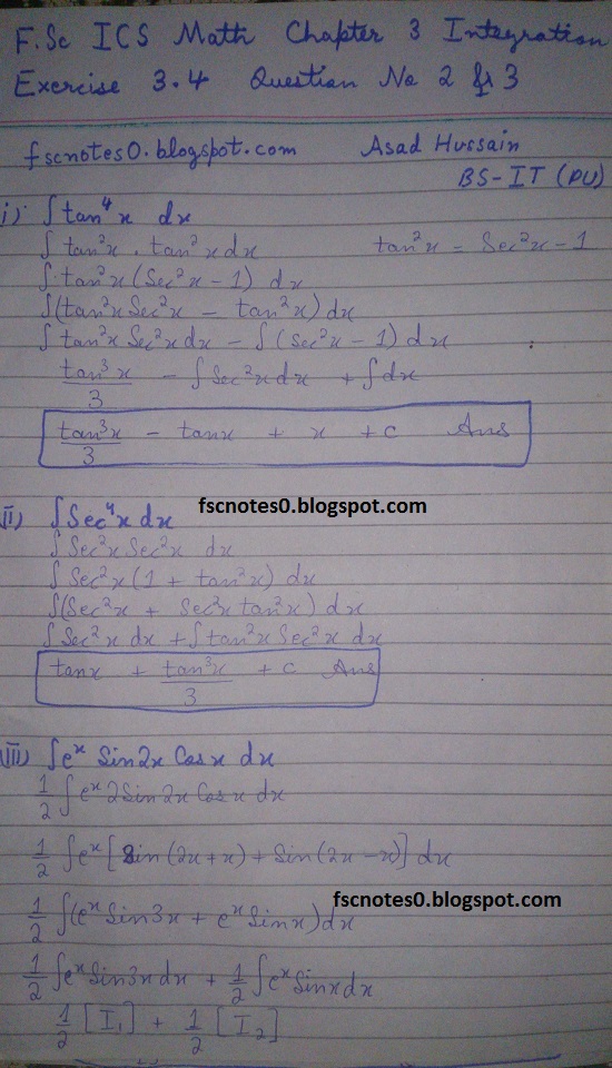 FSc ICS Notes Math Part 2 Chapter 3 Integration Exercise 3.4 Question 2 & 3