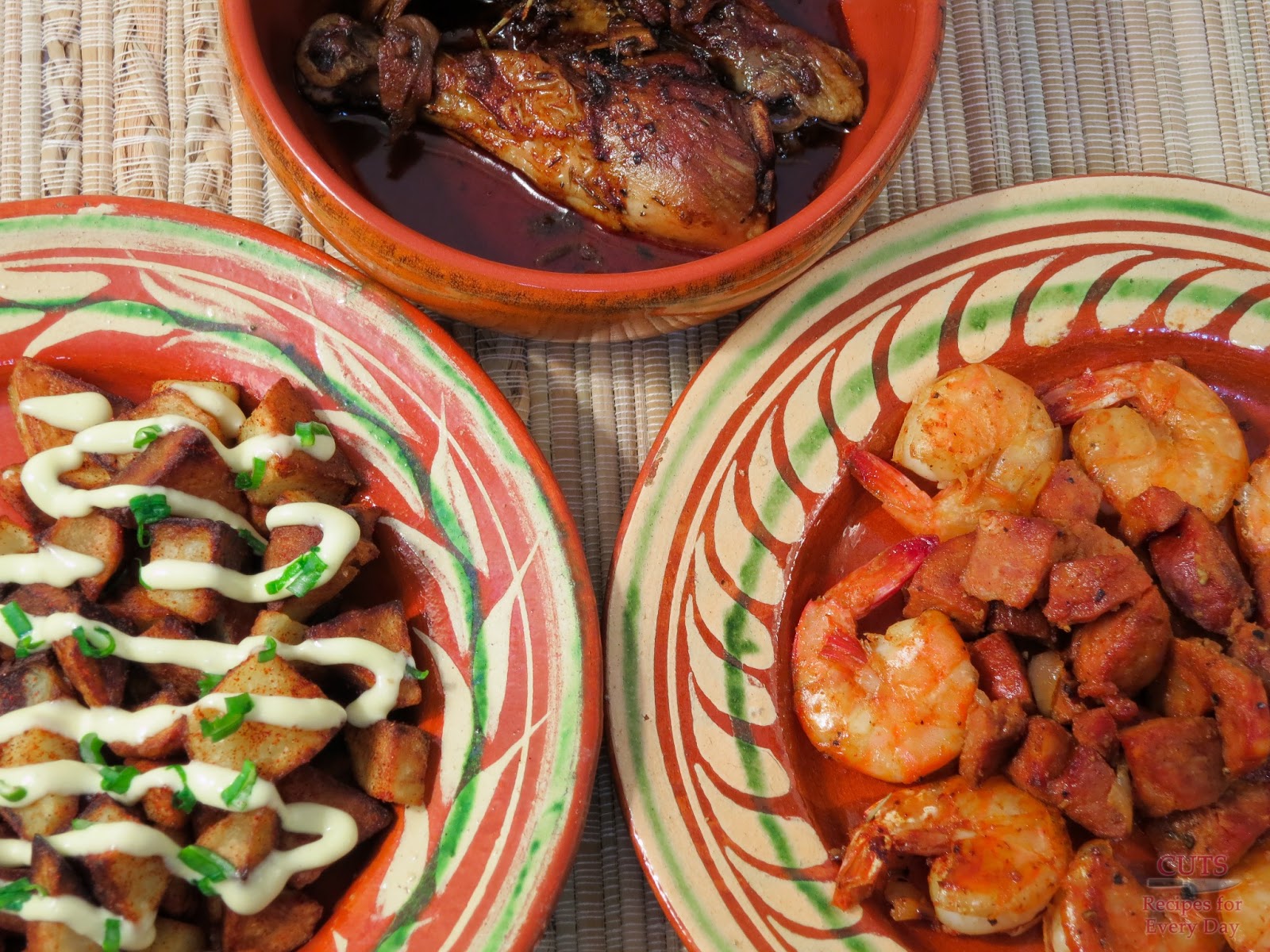 3 Tapas Recipes: Potatoes Bravas, Chorizo & Shrimp, Garlic Chicken ...