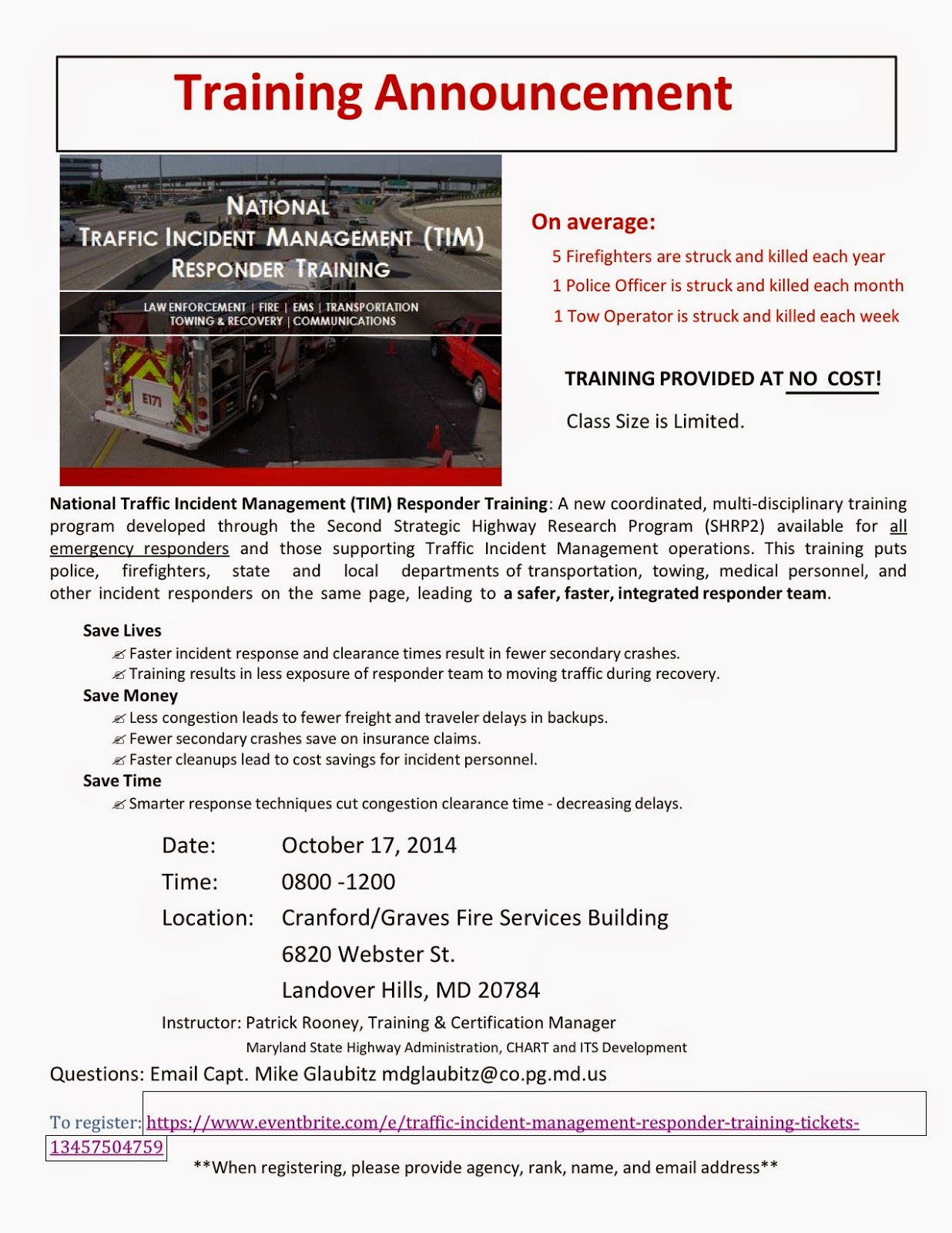 National Traffic Incident Management (TMI) Responder Training Available
