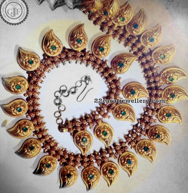 Gold Mango Heavy Set with Emeralds - Jewellery Designs