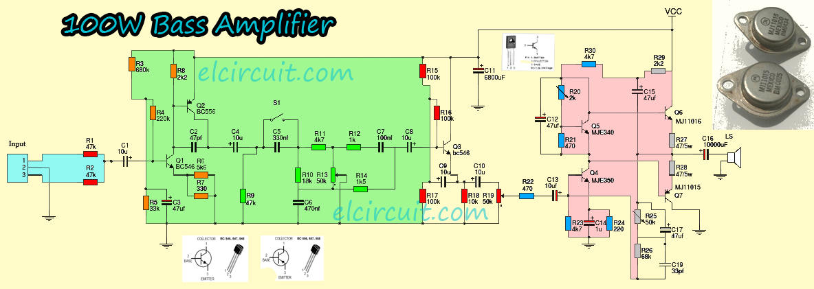 100W Bass Power Amplifier MJE340 MJE350 - Electronic Circuit