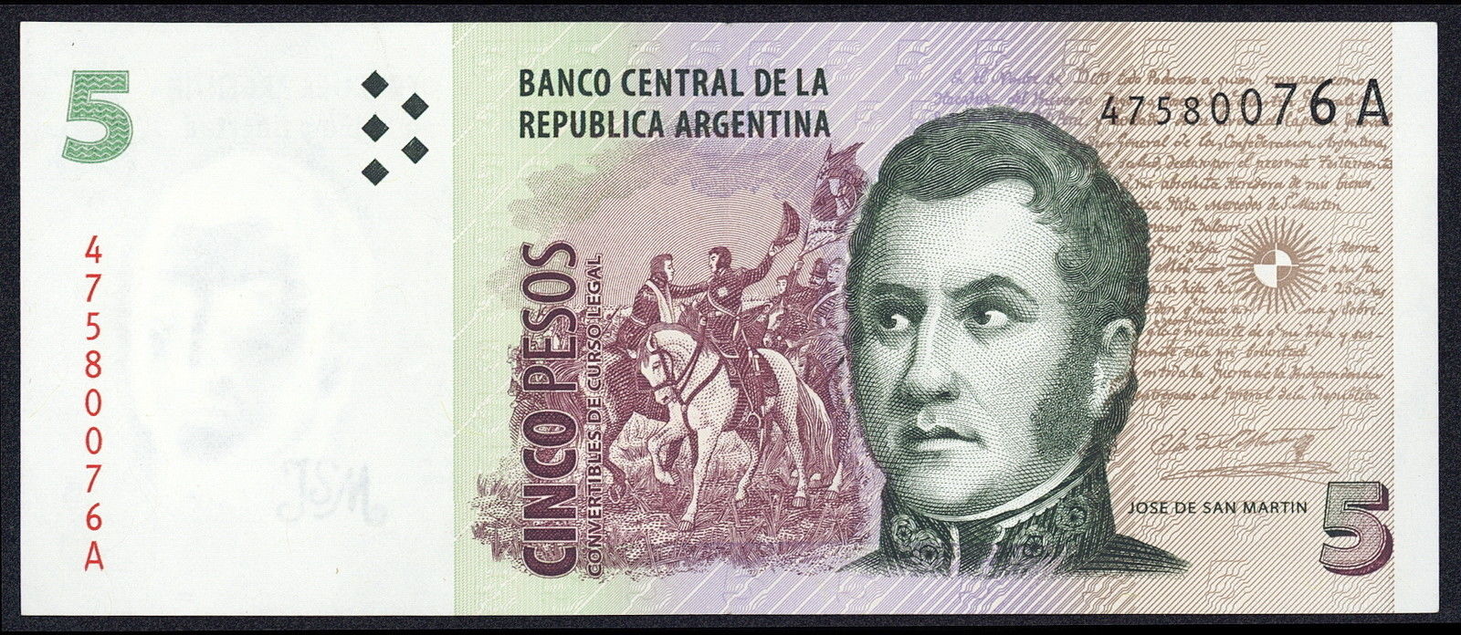 Argentina 5 Pesos Convertibles banknote 1998 General Jose de San Martin ...