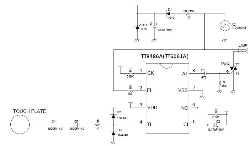 Sensitive Touch Light Dimmer Using by TT8486A TT6061A Circuit Diagram