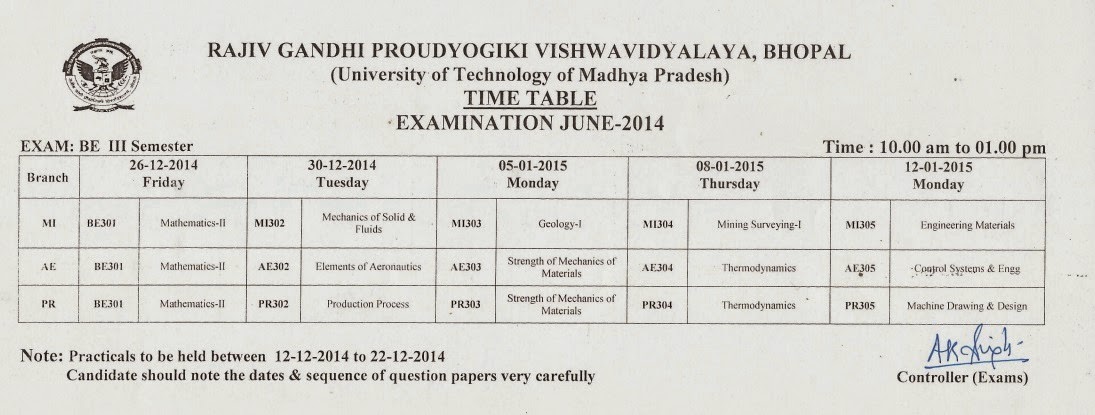 RGPV B.E 3rd Sem (Grading ) Exam Time Table 2014-2015 | RGPV ...